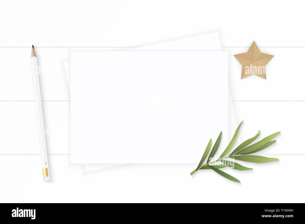 Flat lay top view elegant white composition paper pencil eraser ...