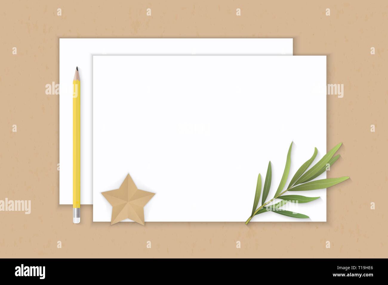 Flat lay top view elegant white composition paper yellow pencil ...