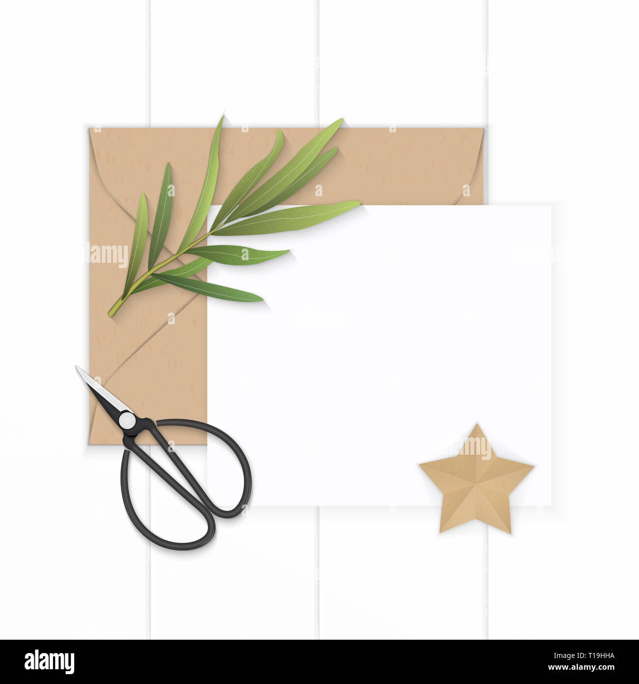 Flat lay top view elegant white composition paper brown kraft envelope ...
