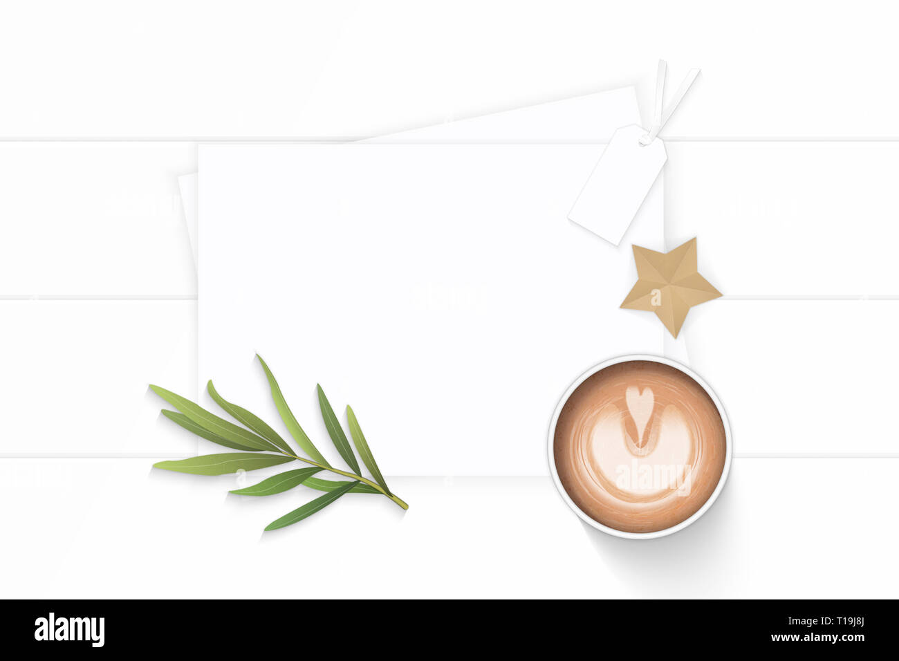 Flat lay top view elegant white composition paper coffee tag tarragon ...