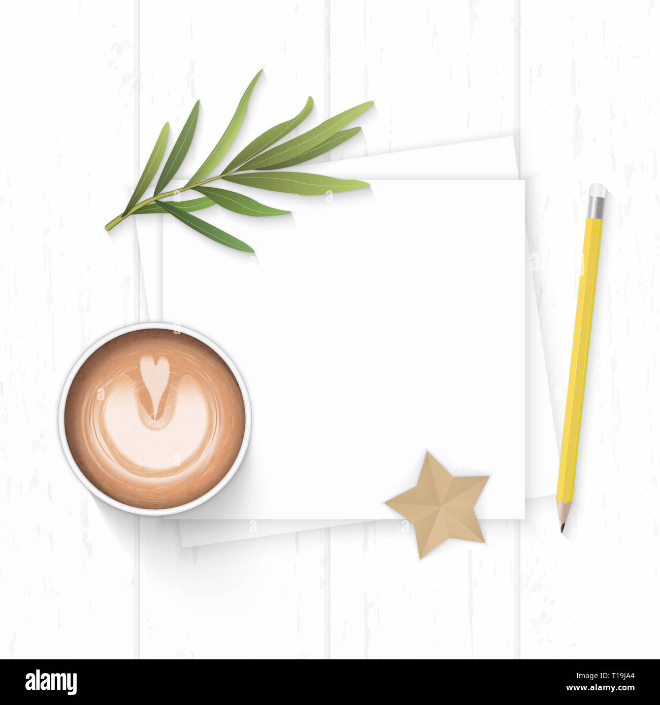 Flat lay top view elegant white composition paper coffee yellow pencil ...