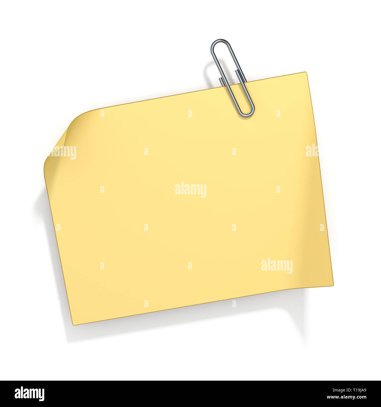 Blank yellow note with paperclip 3D rendering illustration isolated on ...