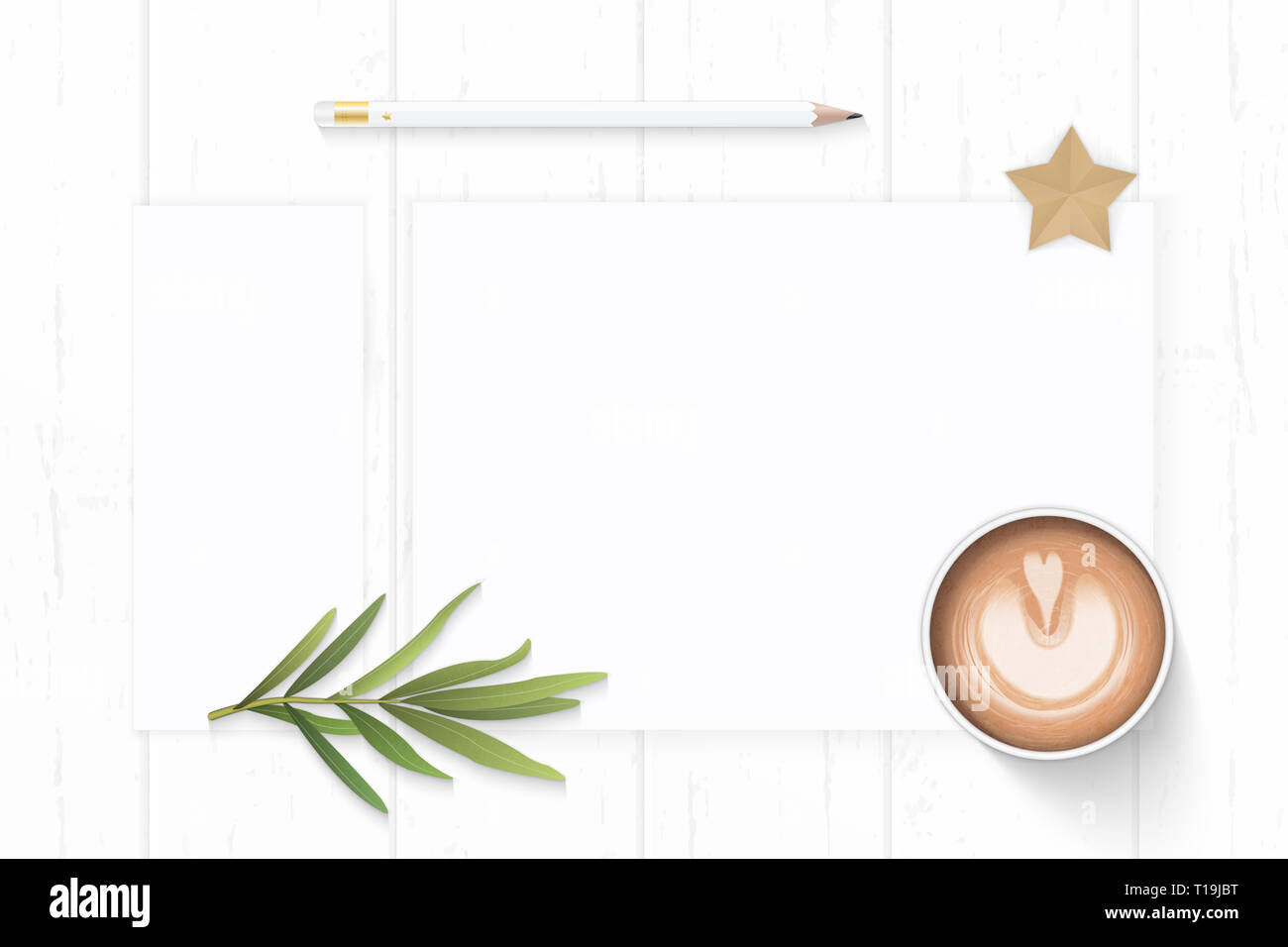 Flat lay top view elegant white composition paper pencil coffee ...