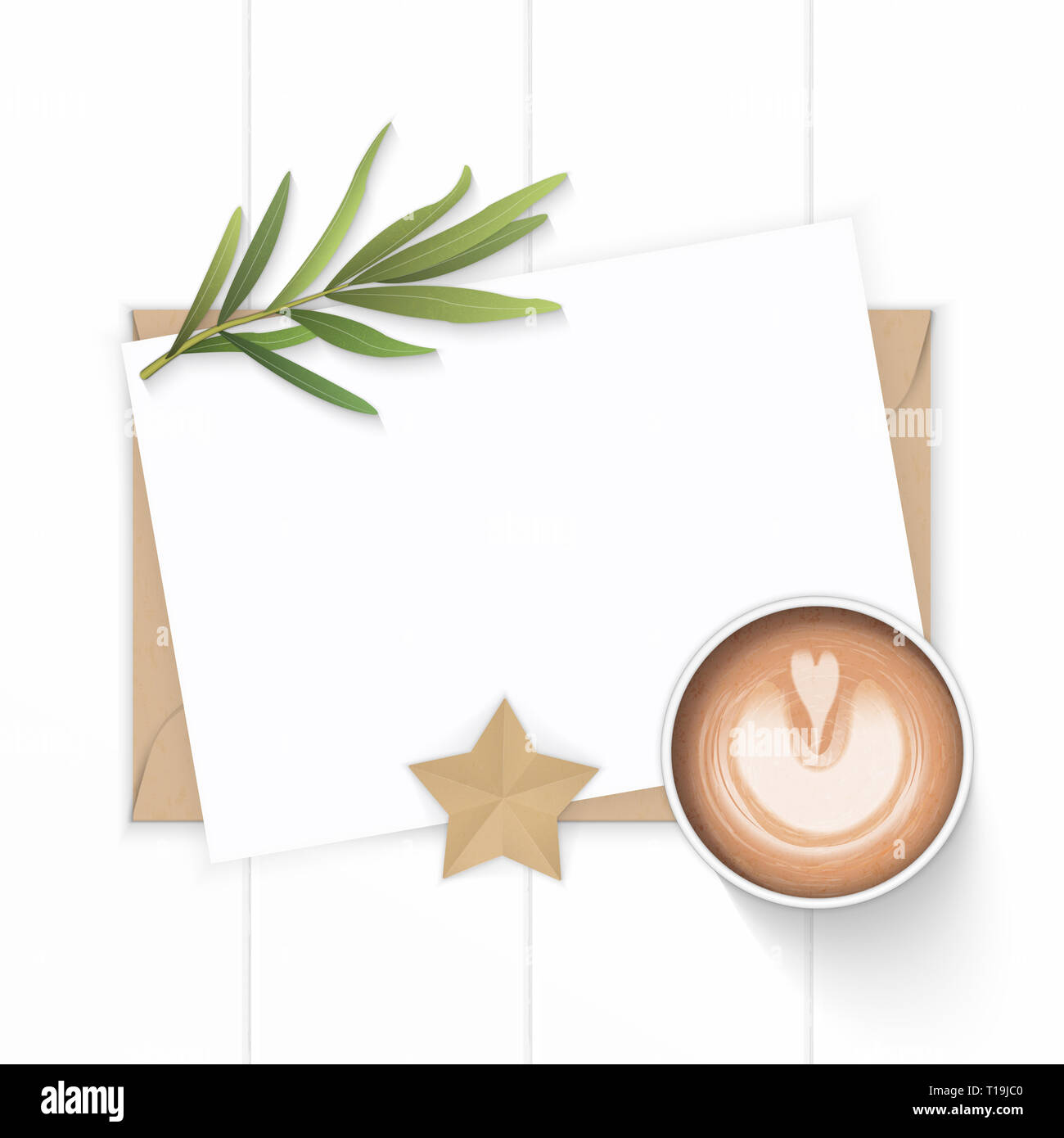 Flat lay top view elegant white composition paper kraft envelope star ...