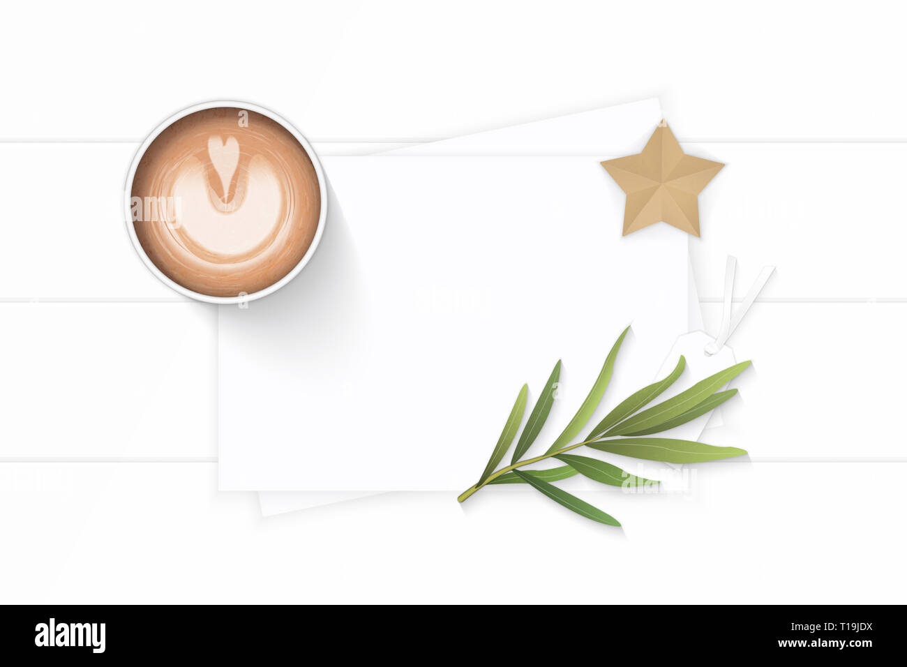 Flat lay top view elegant white composition paper plant leaf and star ...