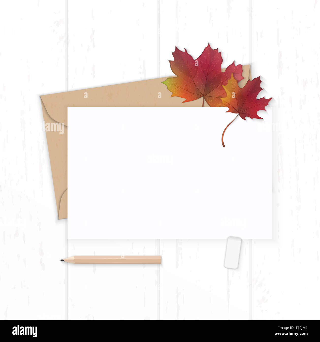 Flat lay top view elegant white composition letter kraft paper envelope ...