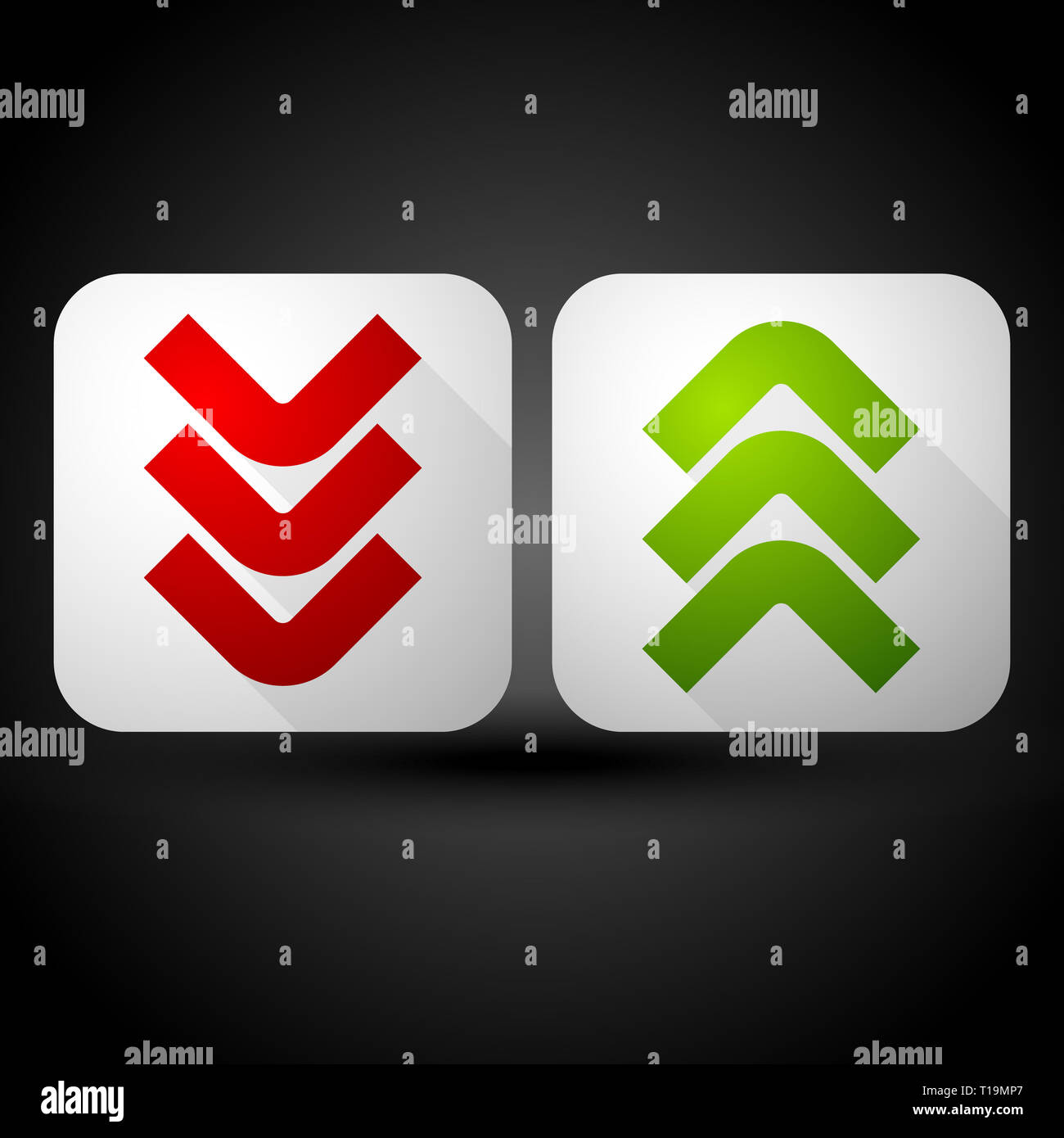 Stylish gray upload, download buttons. Arrows cast diagonal shadows ...