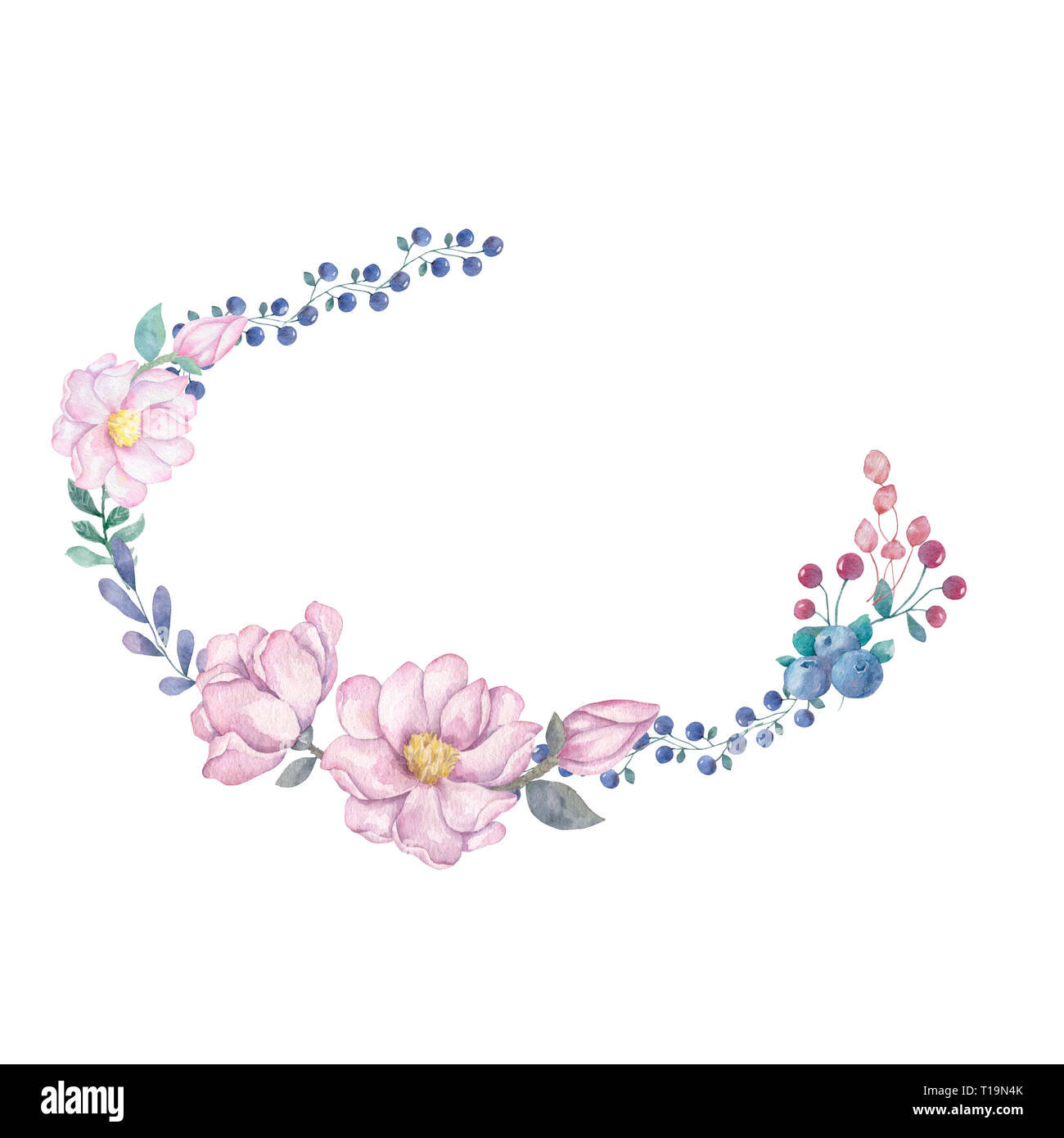 Watercolor flowers and leaves wreath. Gold frame illustration. ellipse ...
