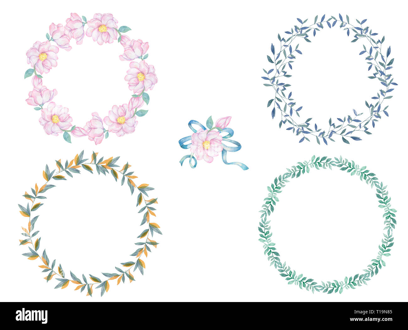 Set of watercolor flowers and leaves wreath. Gold frame illustration ...