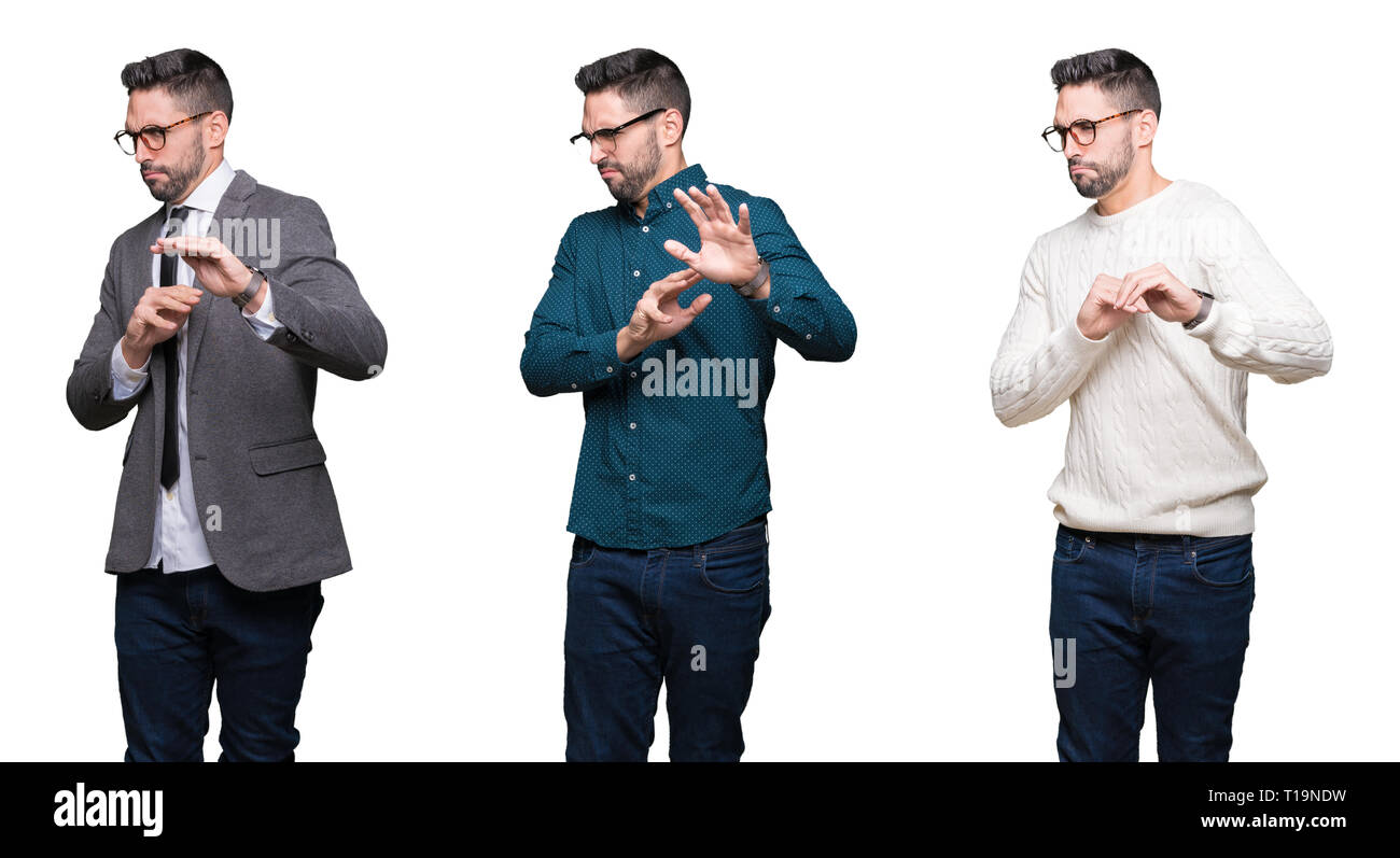 Collage of handsome business man over white isolated background ...