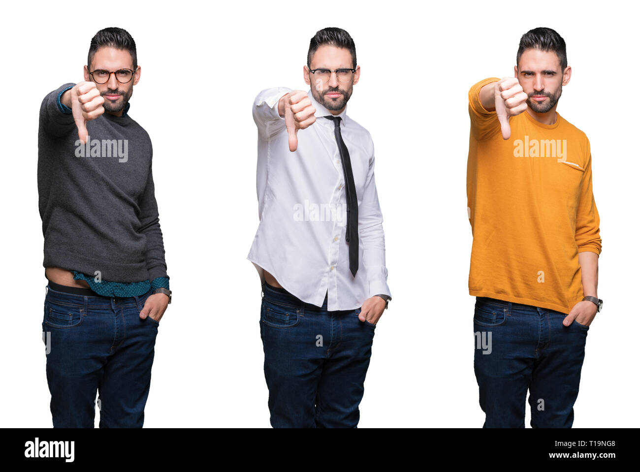 Collage of handsome man over white isolated background looking unhappy ...