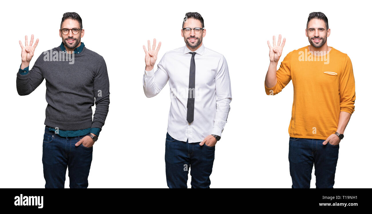 Collage of handsome man over white isolated background showing and ...