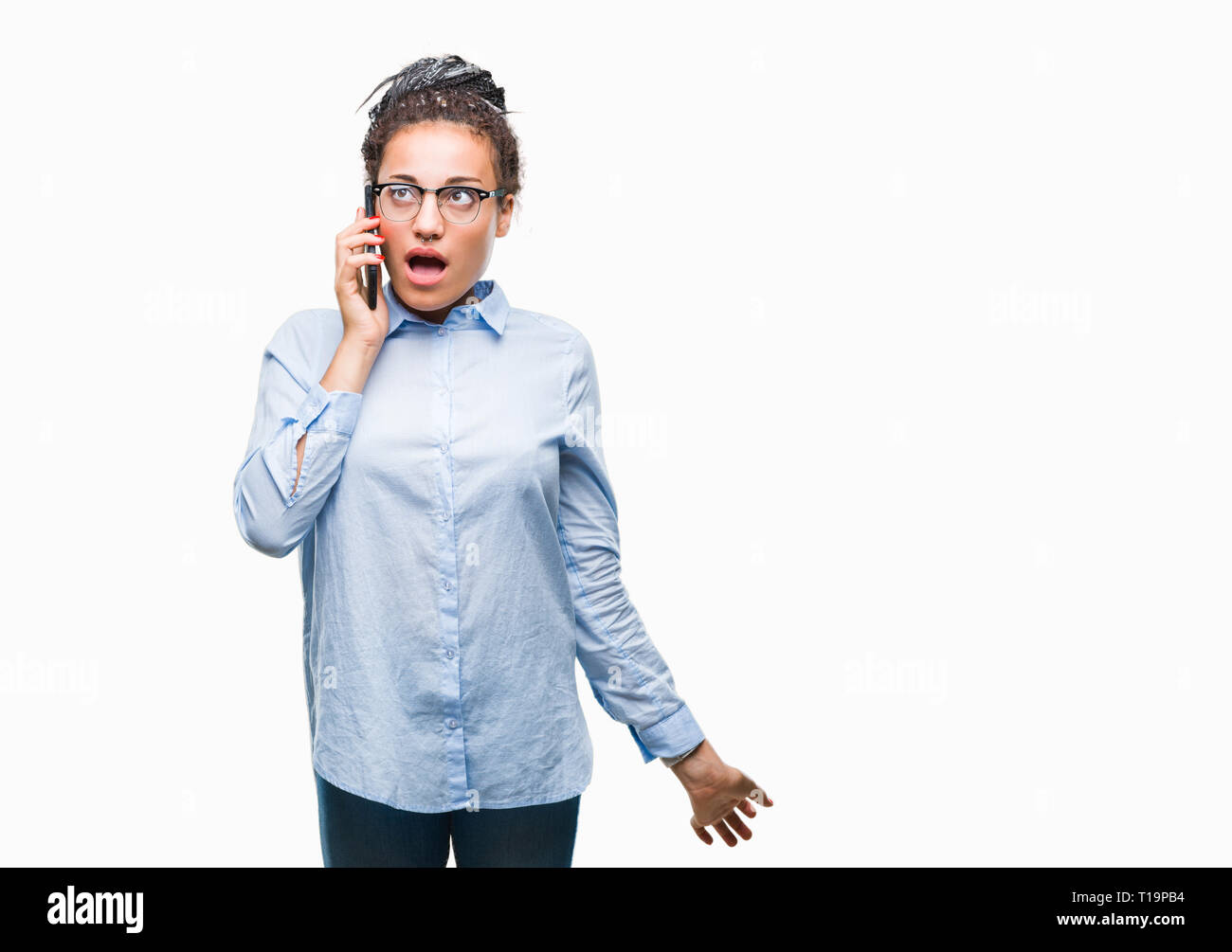 Young braided hair african american business girl showing calling using ...