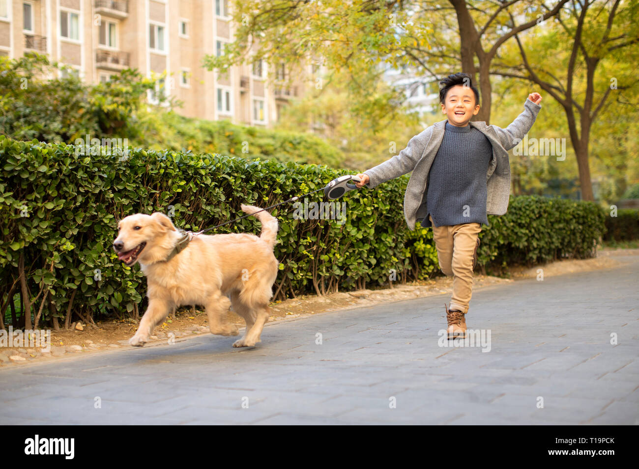 Little boy running with dog Stock Photo - Alamy