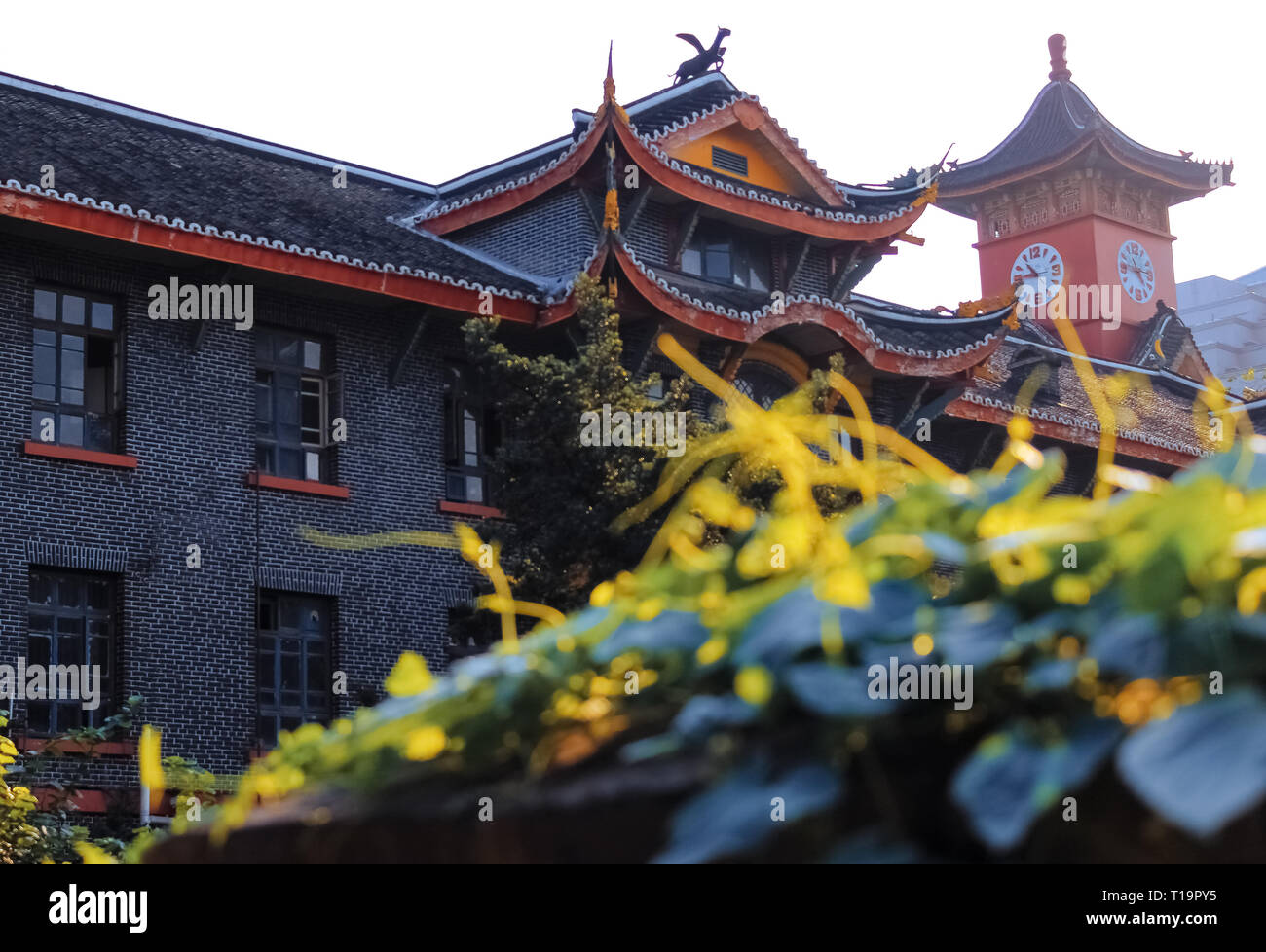 Black and red with the ancient buildings, bell tower, teaching ...