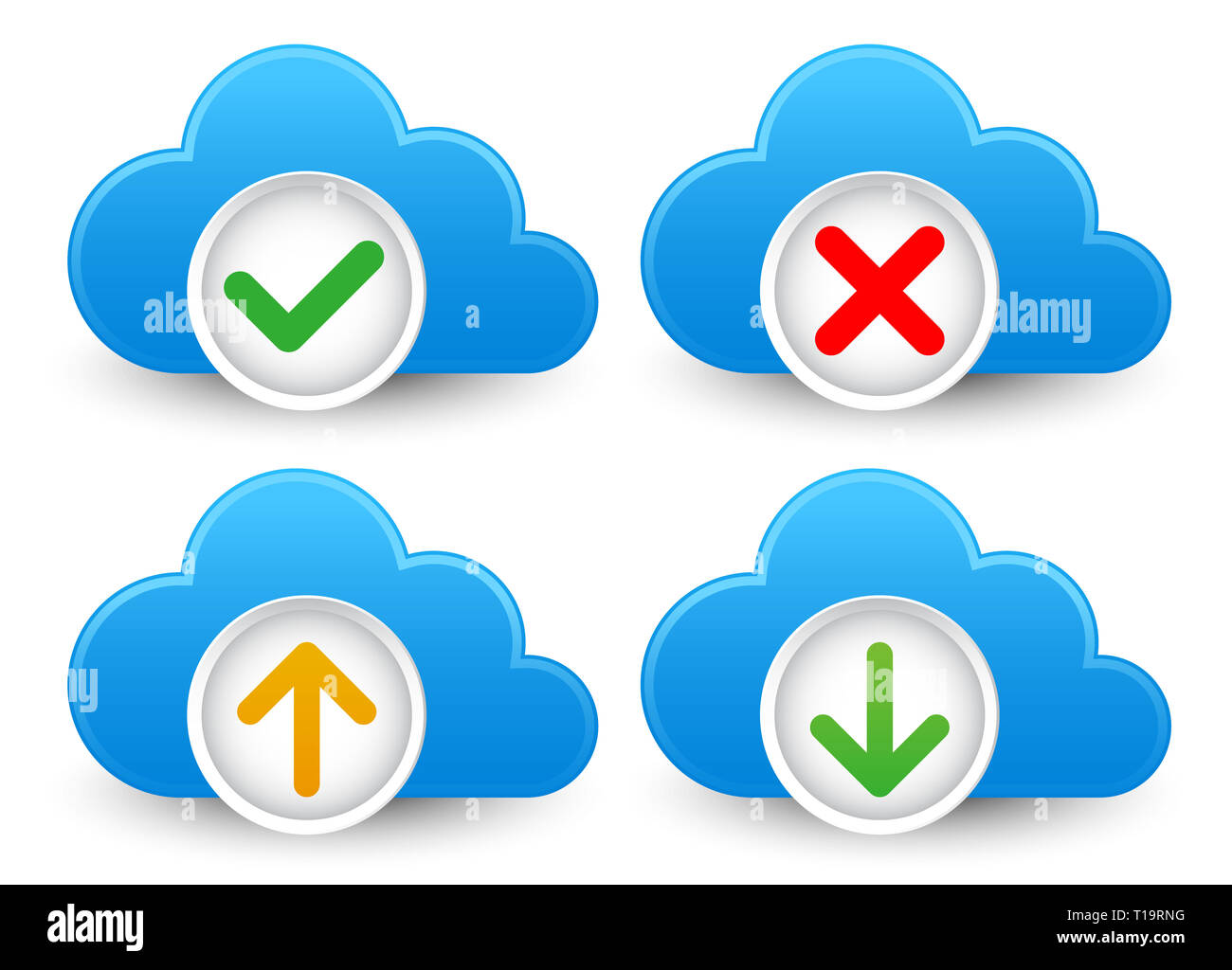 Cloud / database icon set with approved, verified; corrupted, up- and ...