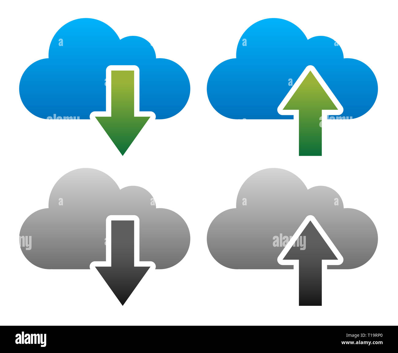 Upload, download icons with clouds. Blue, green and grayscale versions ...