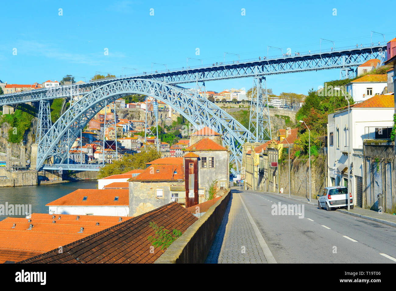 Porto oldtown with famous Dom Luis I Bridge bottom view in bright ...