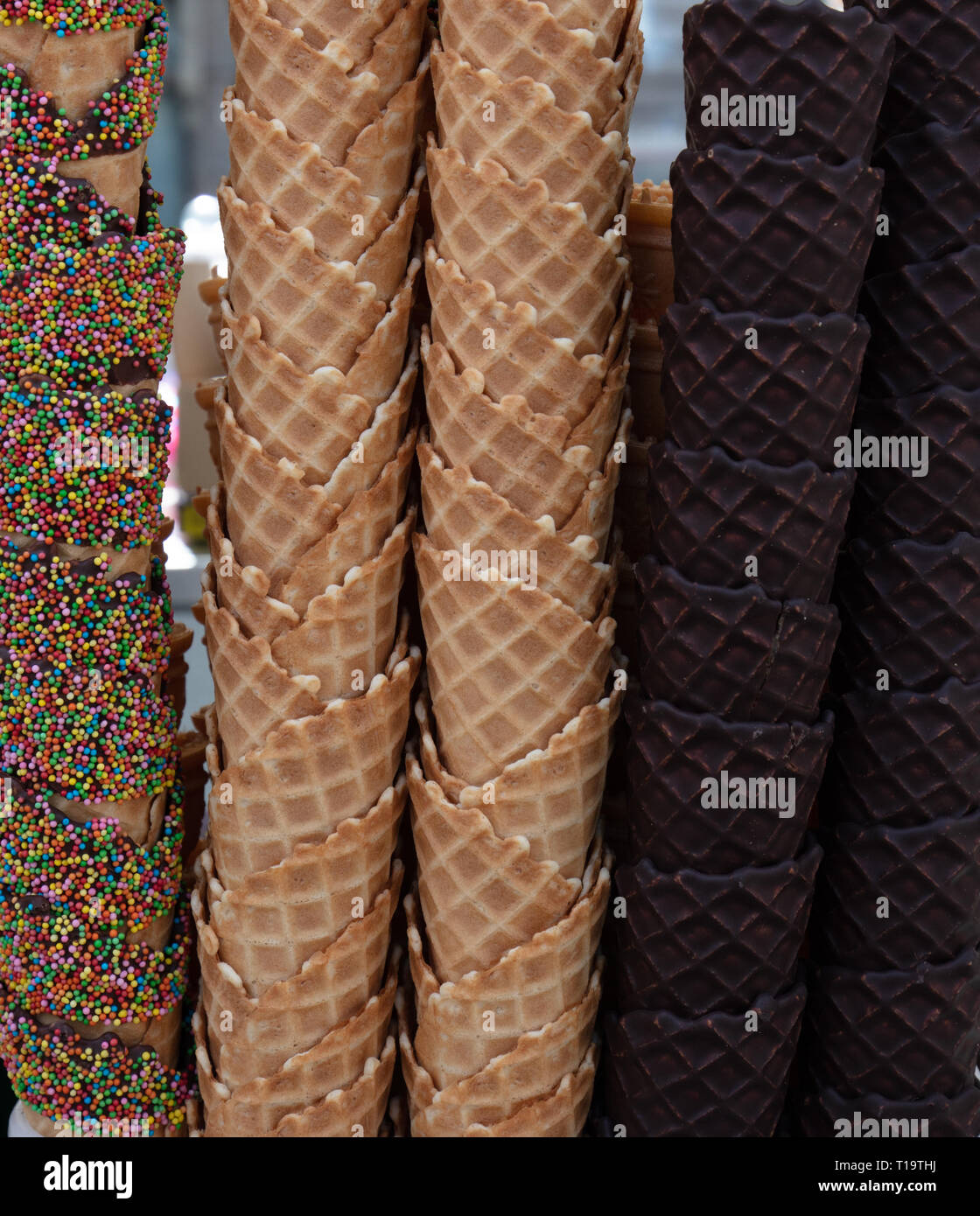 Group of different coated ice cream cones seen in central London, UK in ...