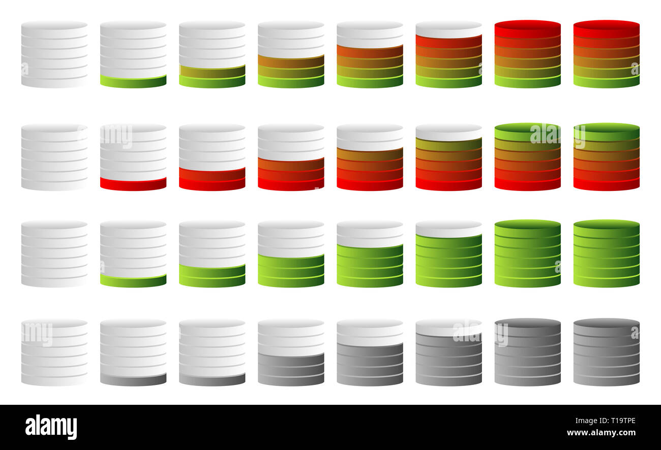Vector set of indicators. Progression, fullness, steps or phases ...
