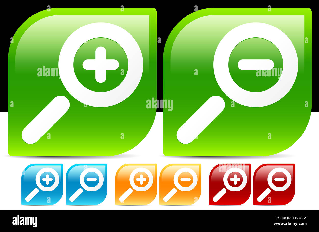 Glossy magnifier Icons in various colors. Magnify. zoom in, zoom out ...