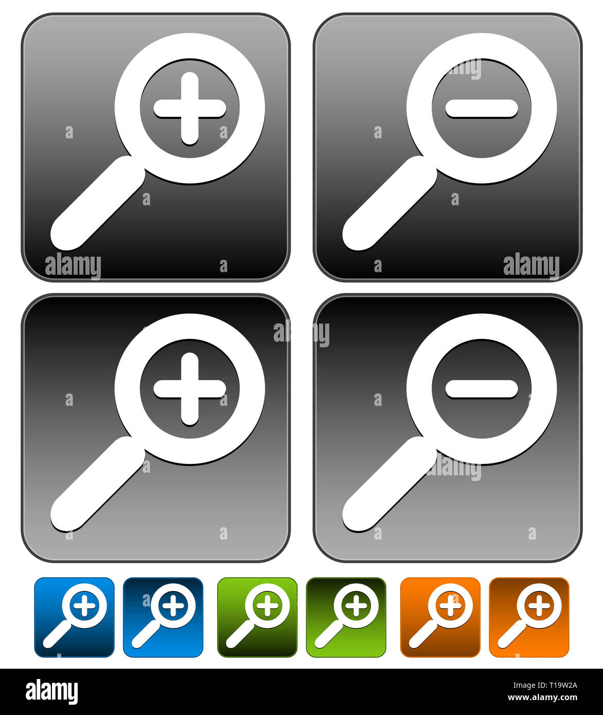 Magnifier, Magnifying glass buttons, icons. Zoom in, zoom out. Pressed ...