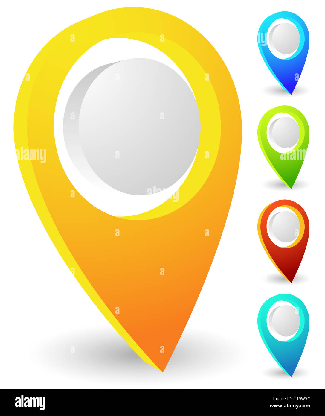 Map markers, map pins, pointer elements. 5 colors, orange, blue, green ...