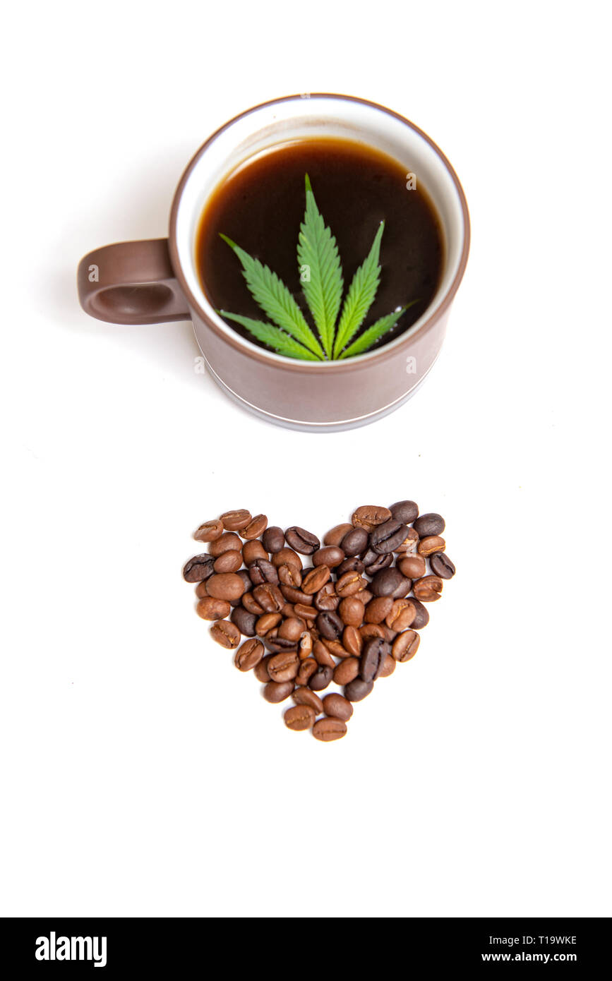 Coffee and cannabis concept with beans, nugs and marijuana leaf on ...