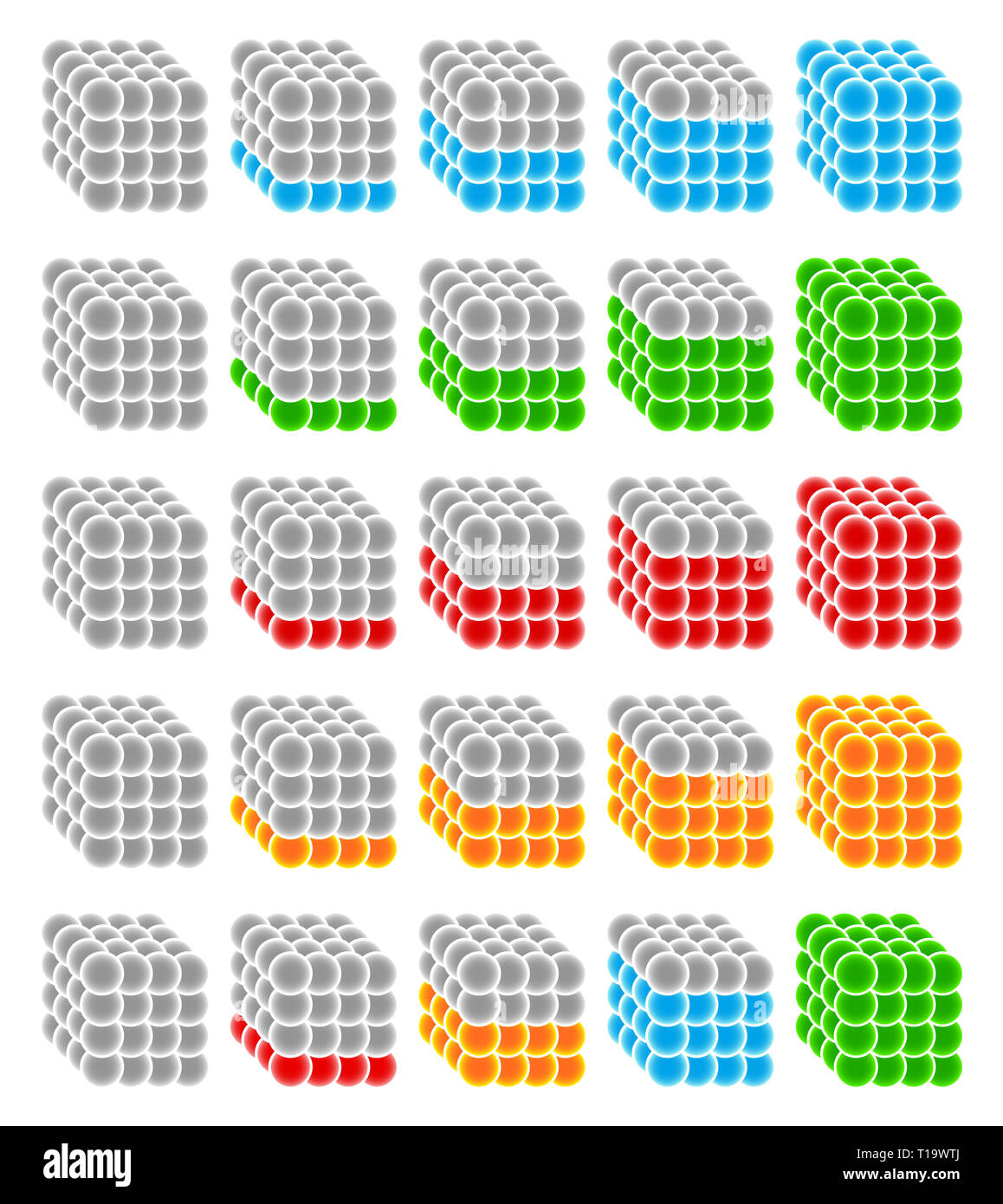 Cubes made from spheres as progress or level indicators. Steps, phases ...
