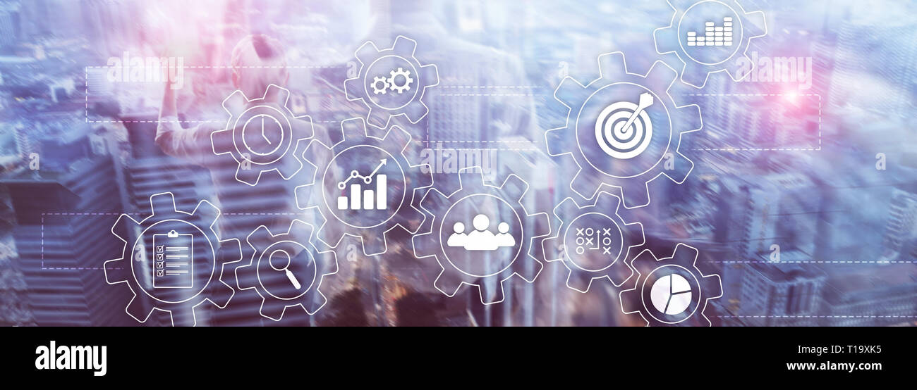 Business process automation concept. Gears and icons on abstract ...