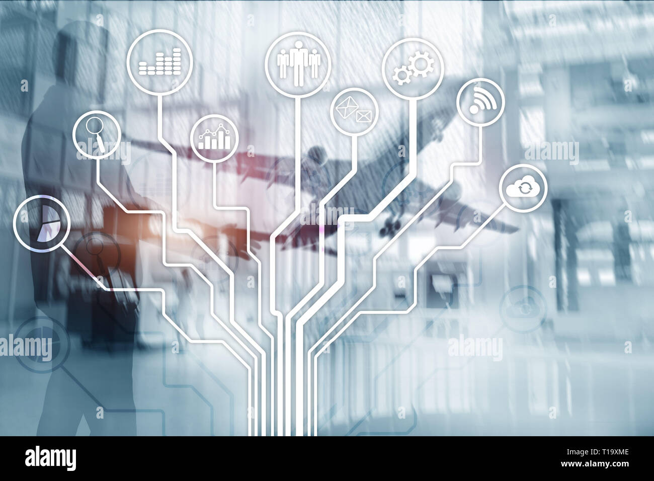 Business applications icons on blurred background. Financial and ...