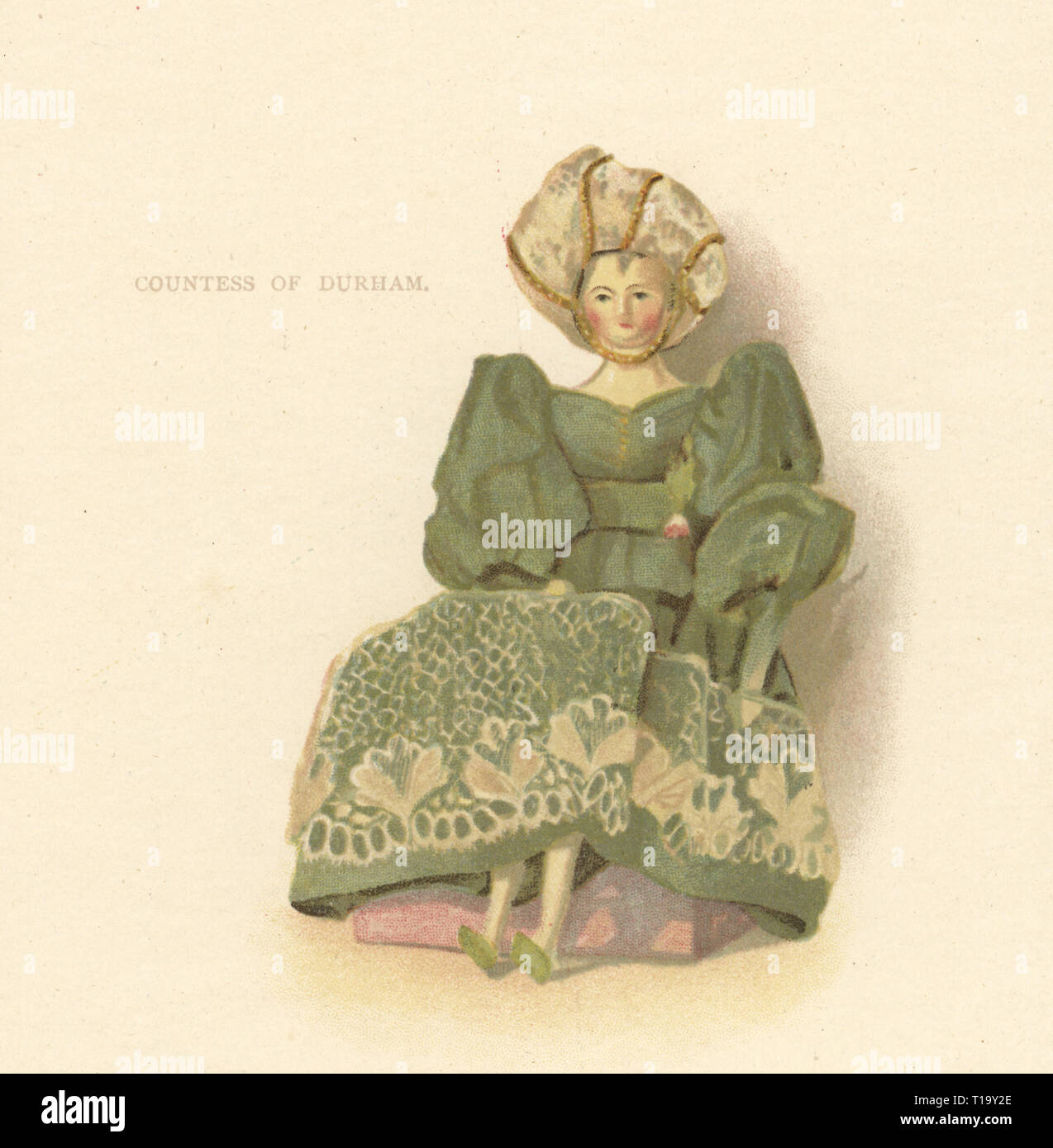 Doll representing courtier Juno, Countess of Durham, in a green satin ...