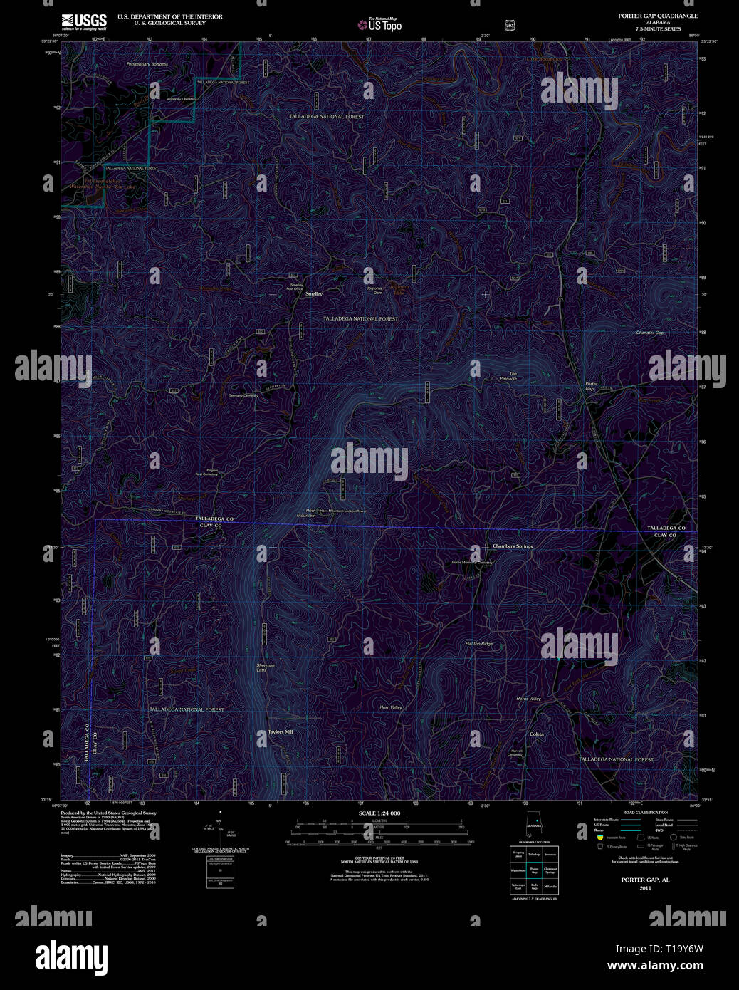 USGS TOPO Map Alabama AL Porter Gap 20110928 TM Inverted Stock Photo ...