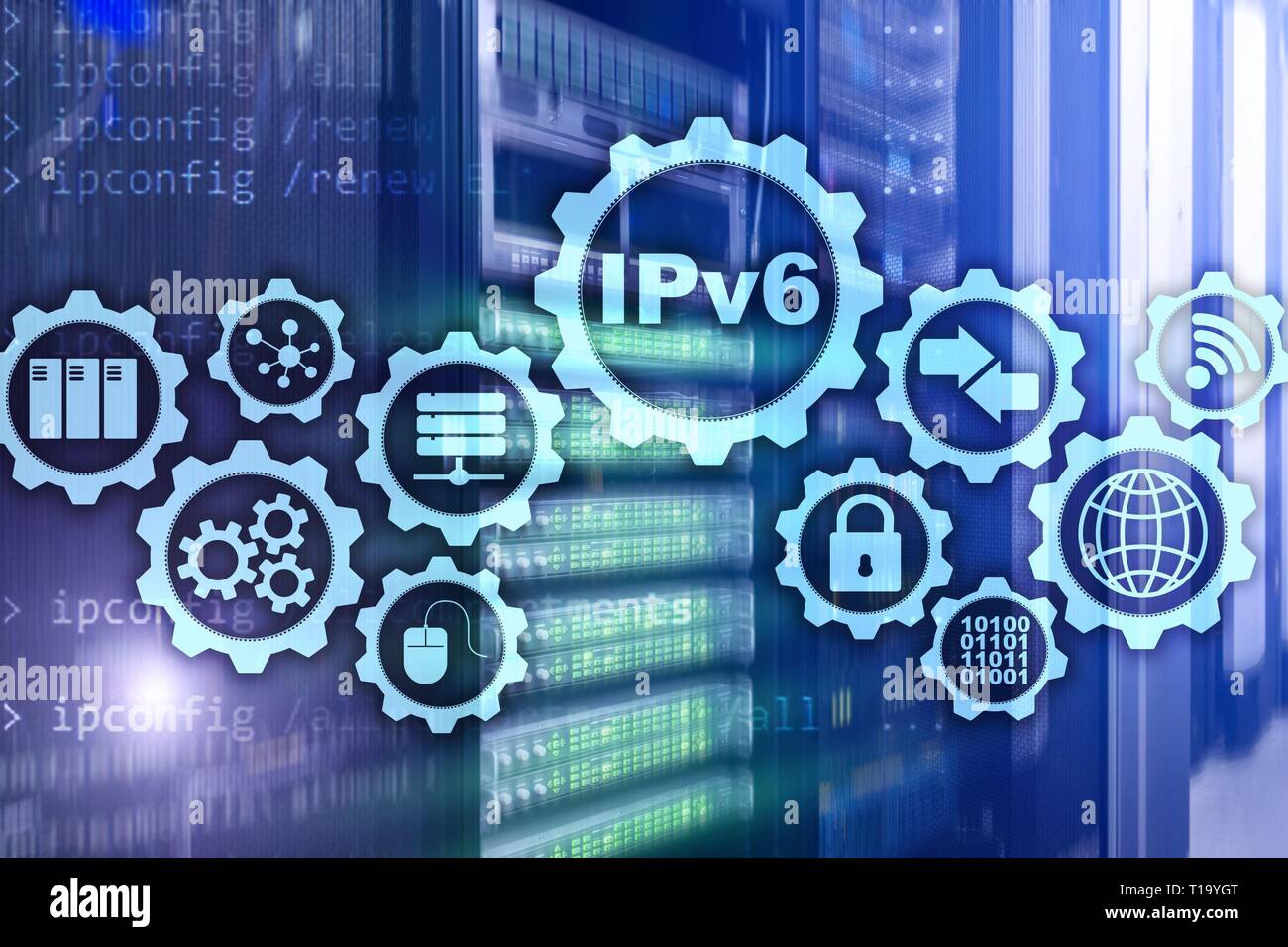 IPv6 Internet Protocol on server room background. Business Technology ...