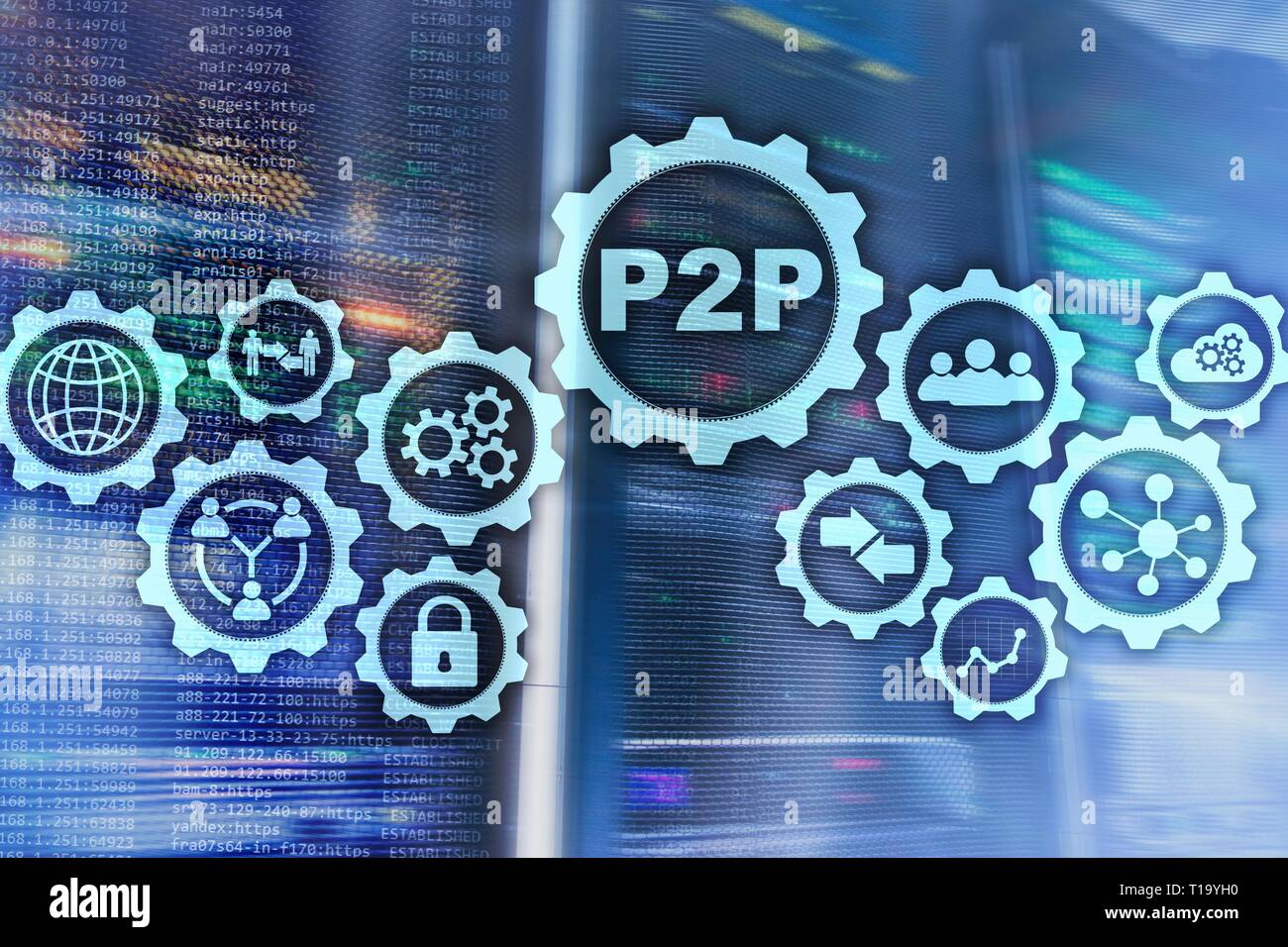 Peer to peer. P2P on the virtual screen with a server room background ...