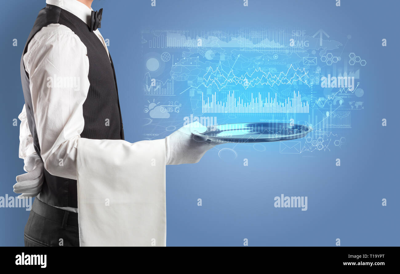 Waiter serving fluctuation concept and charts on a tray Stock Photo - Alamy
