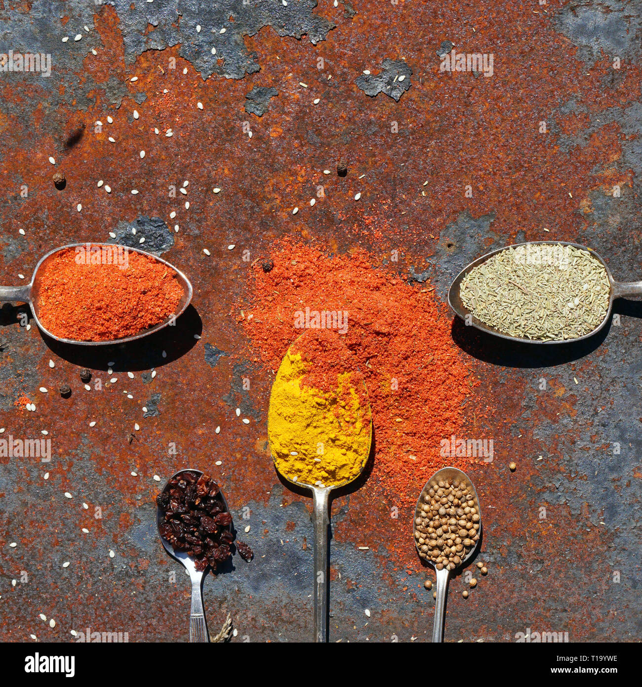 an assortment of different spices for cooking in silver spoon . Red ...