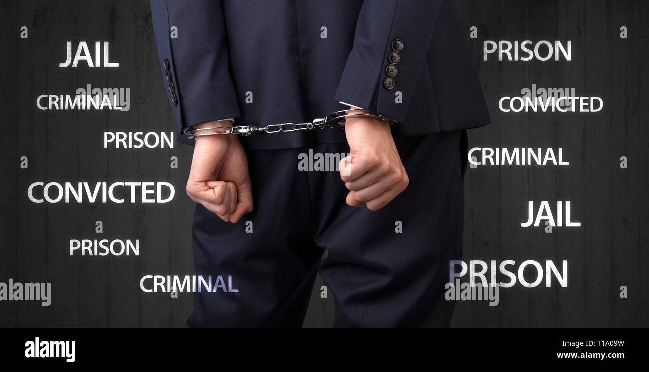 Jail convicted prison criminal labels with close handcuffed man Stock ...