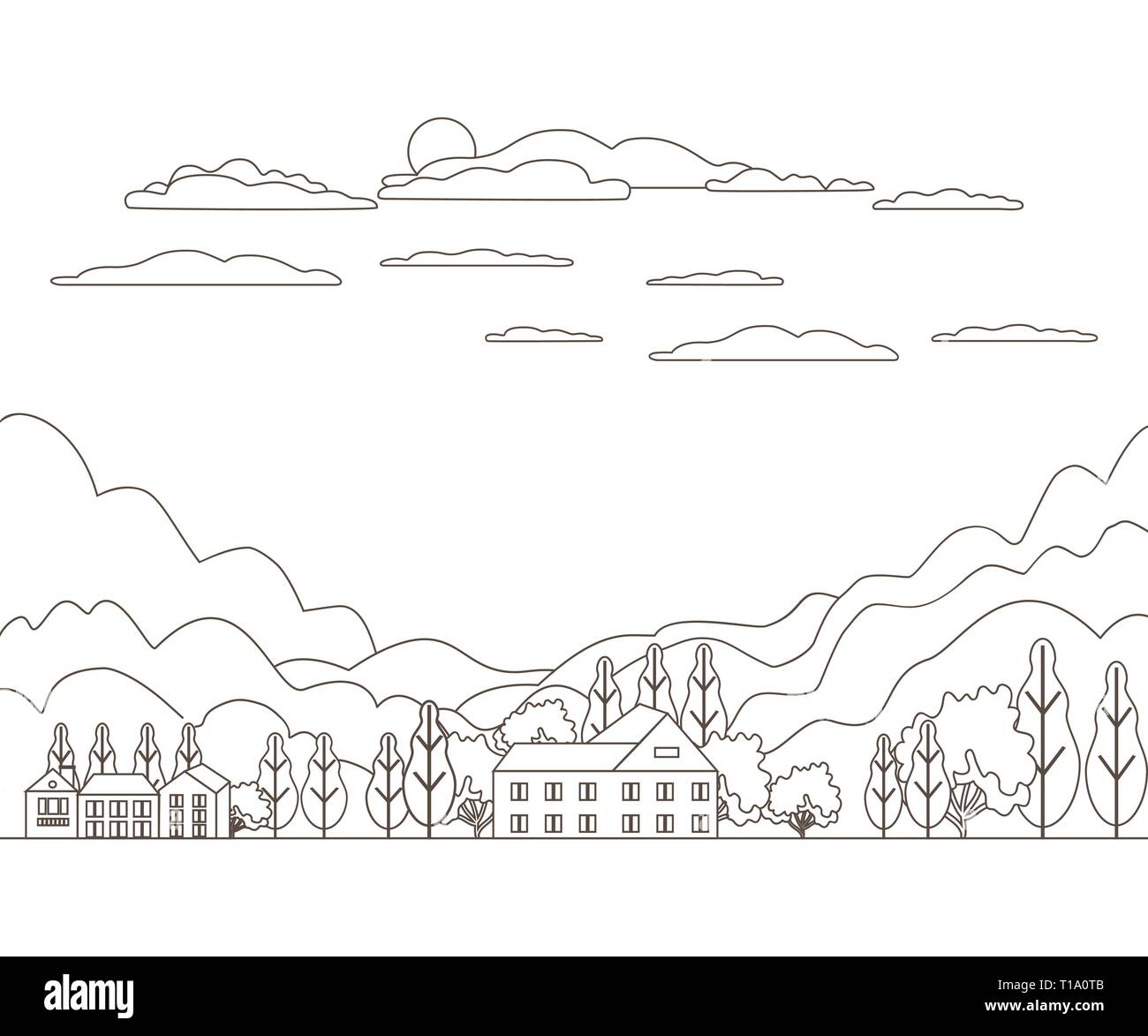 Thin line outline landscape rural farm. Panorama outdoor design village ...