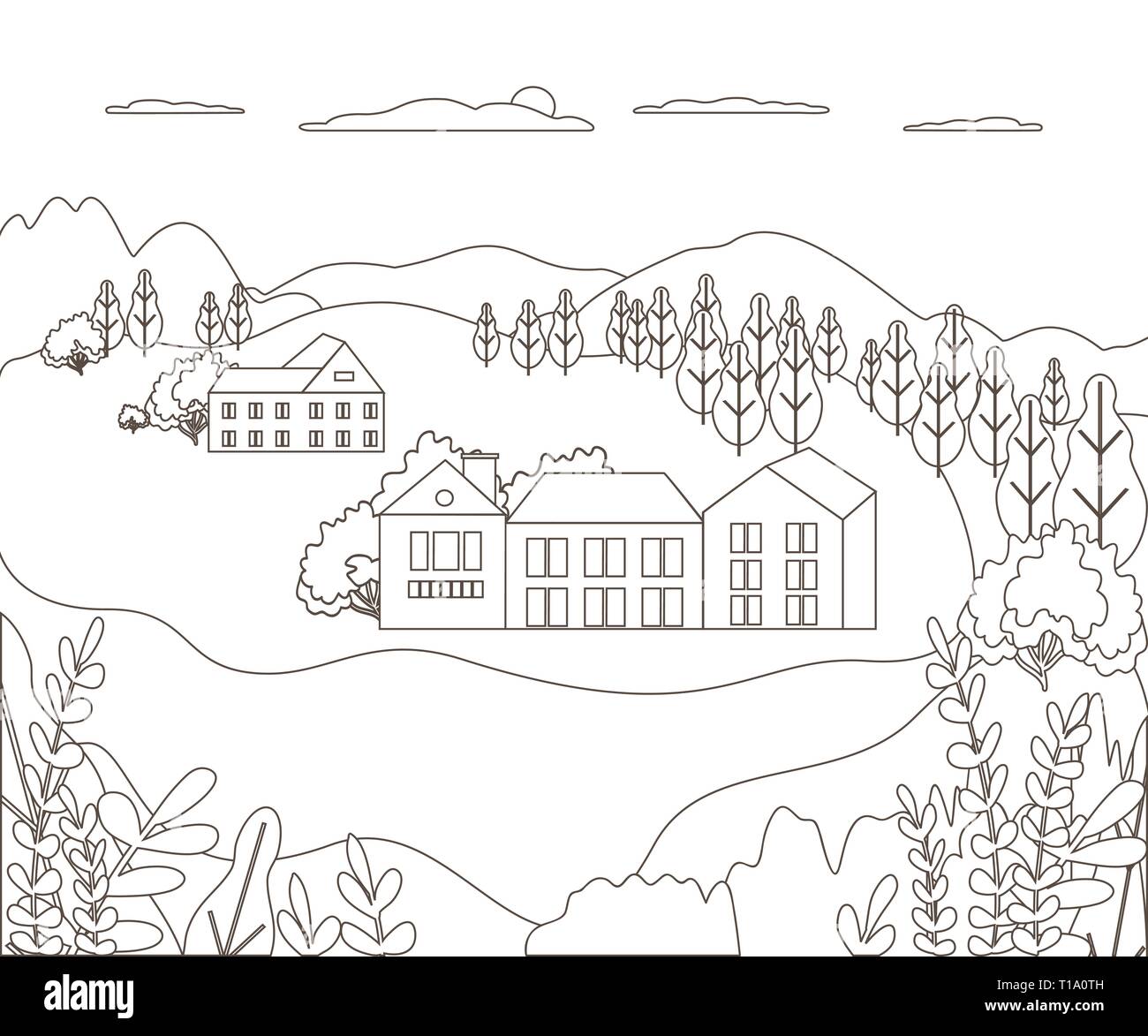 Thin line outline landscape rural farm. Panorama outdoor design village ...
