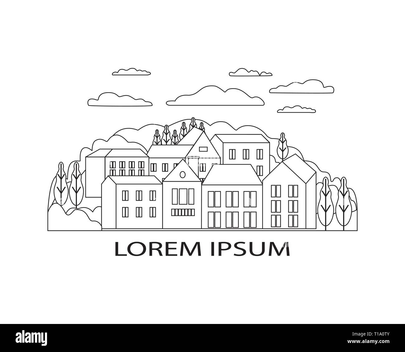 Thin line outline landscape rural farm. Panorama outdoor design village ...