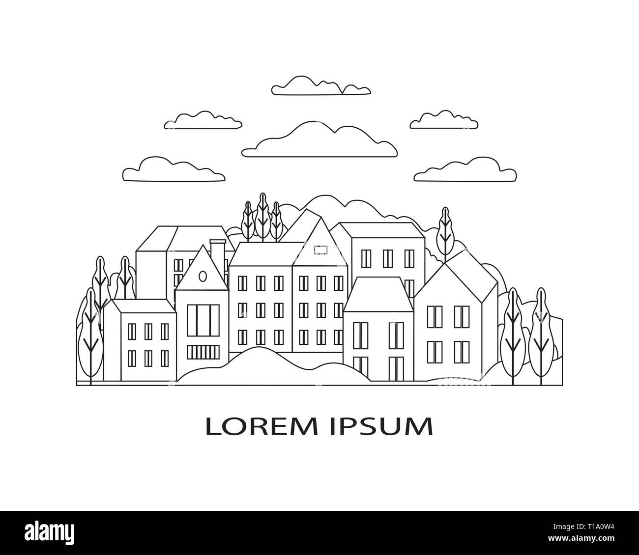 Thin line outline landscape rural farm. Panorama outdoor design village ...