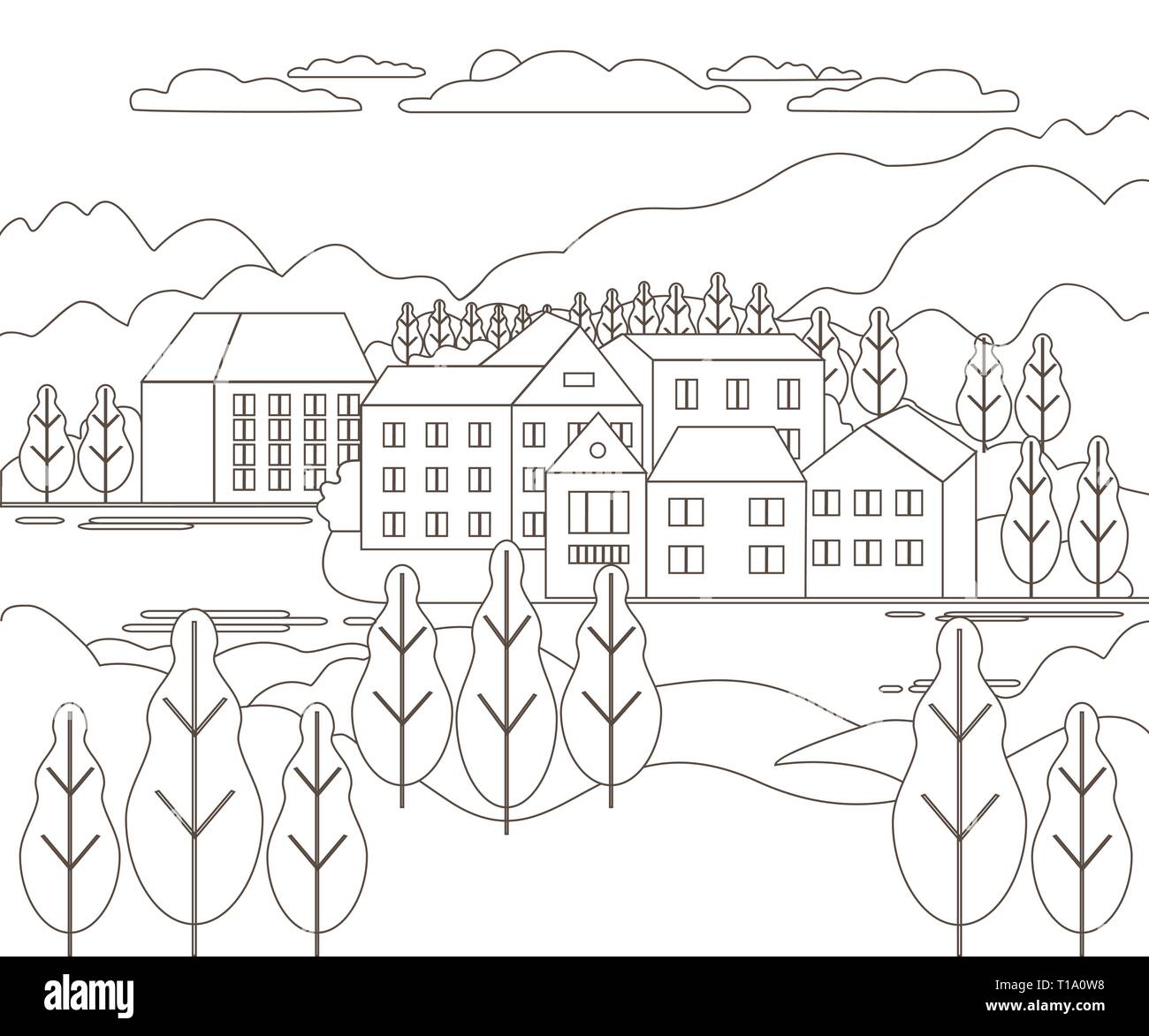 Thin line outline landscape rural farm. Panorama outdoor design village ...