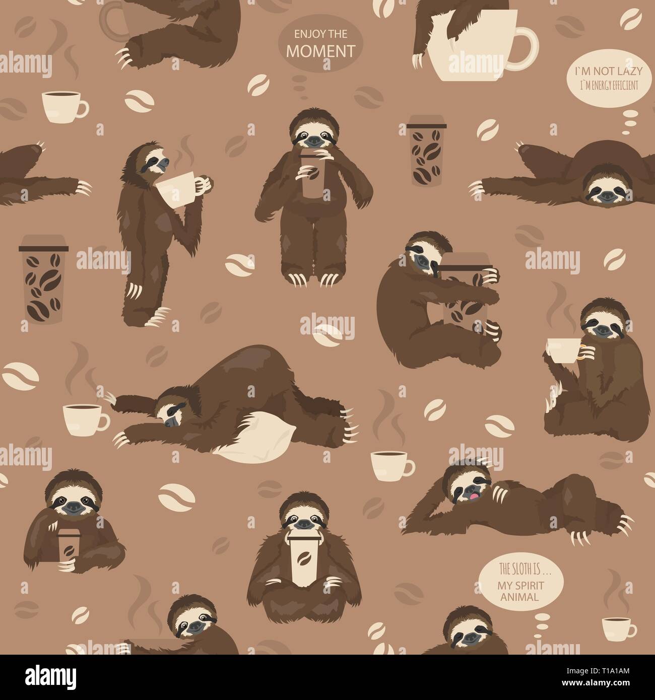 Sloths drink coffee seamless pattern. Funny cartoon animals in ...