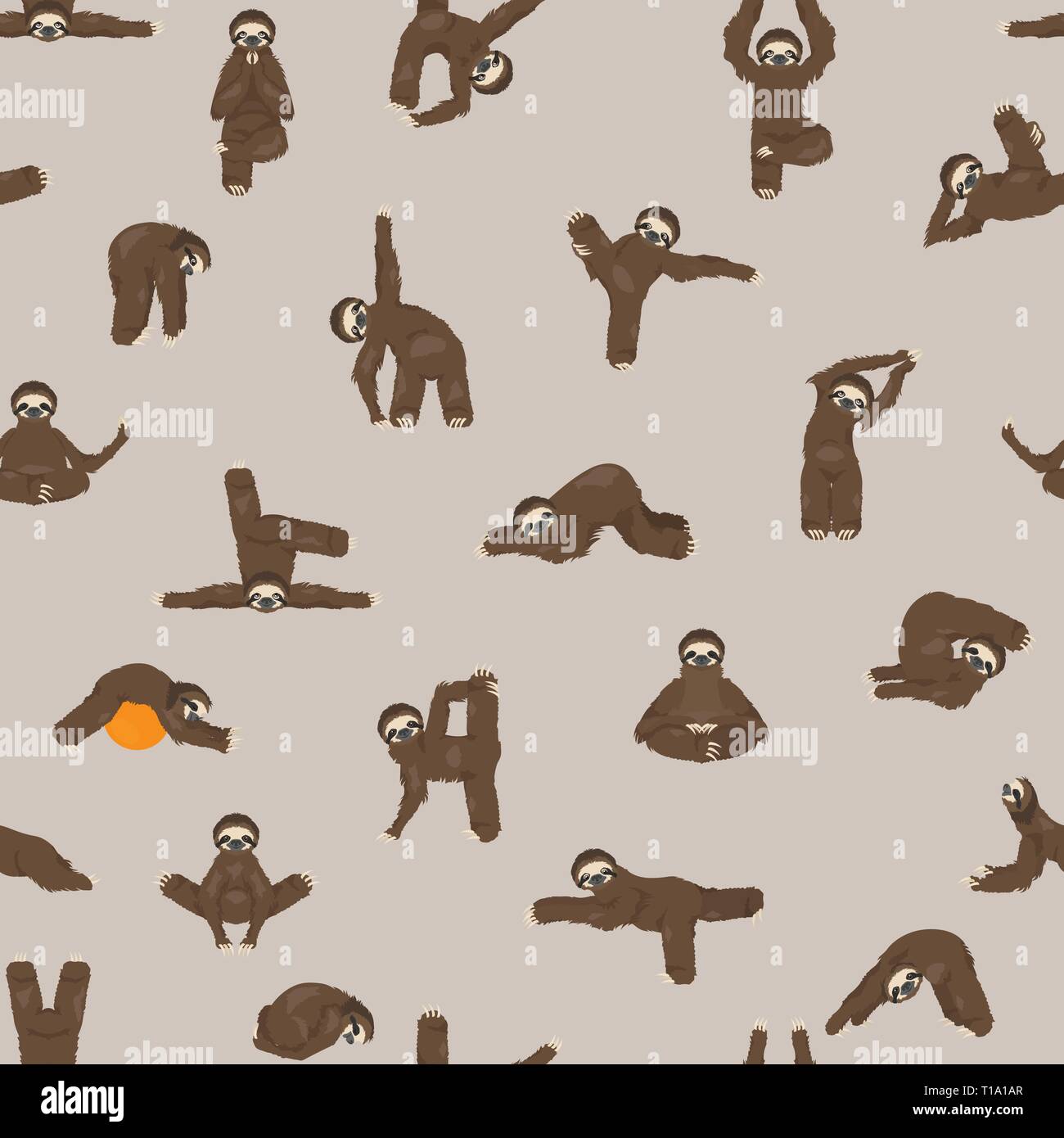 Sloth yoga seamless pattern. Funny cartoon animals in different ...