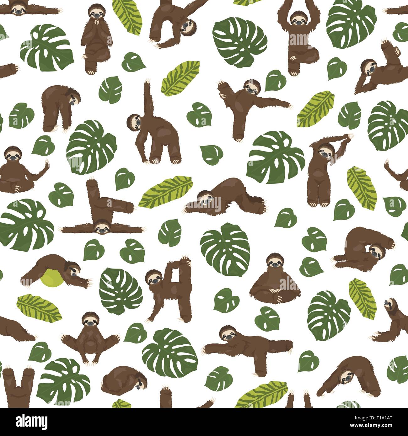 Sloth yoga seamless pattern. Funny cartoon animals in different ...