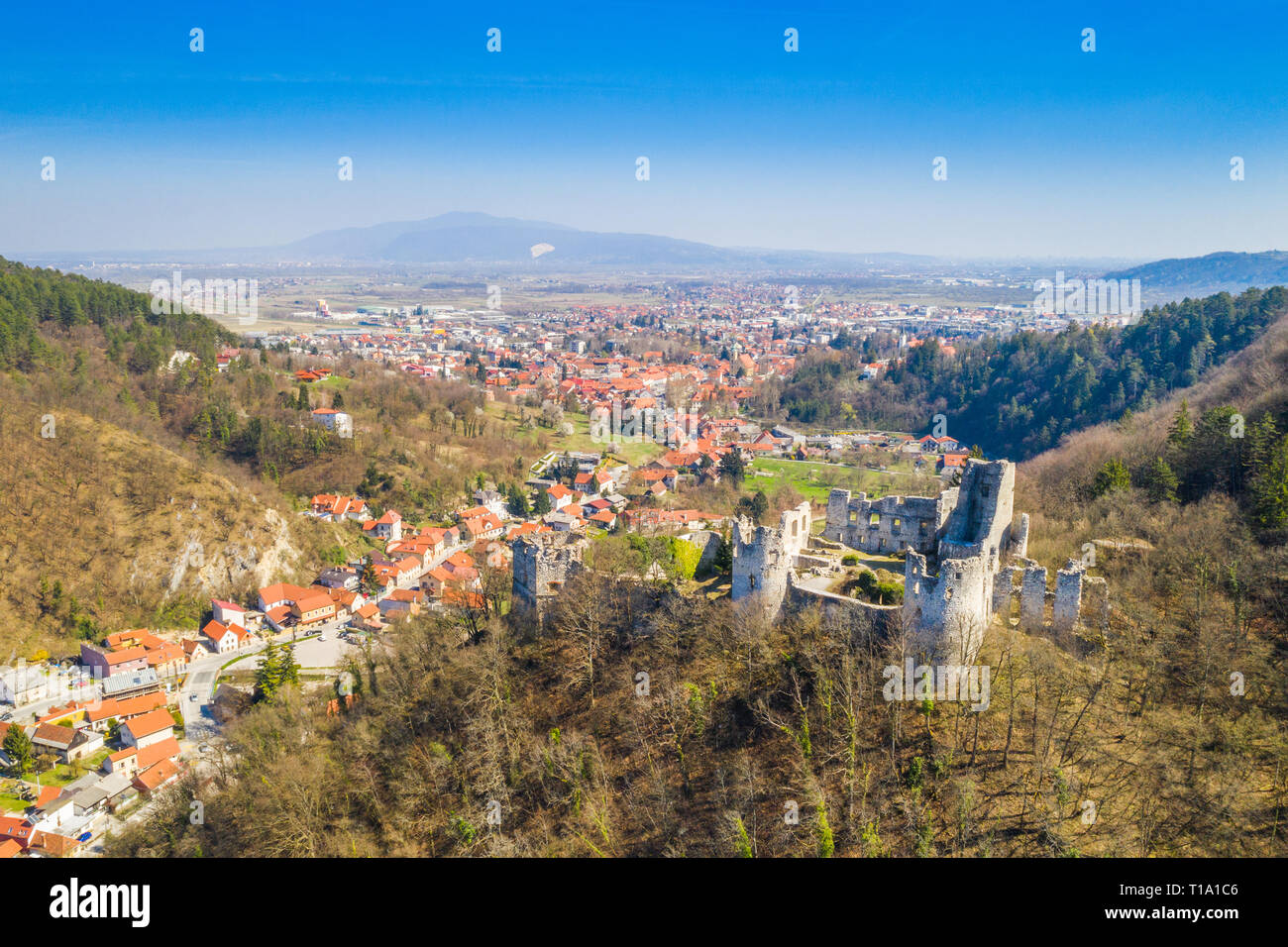 Croatia, Samobor, old abandoned medieval fortress ruins and landscape ...
