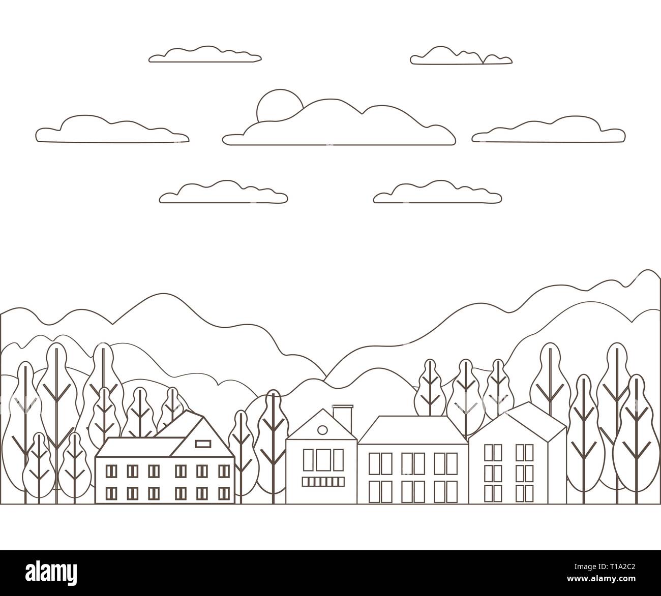 Thin line outline landscape rural farm. Panorama outdoor design village ...