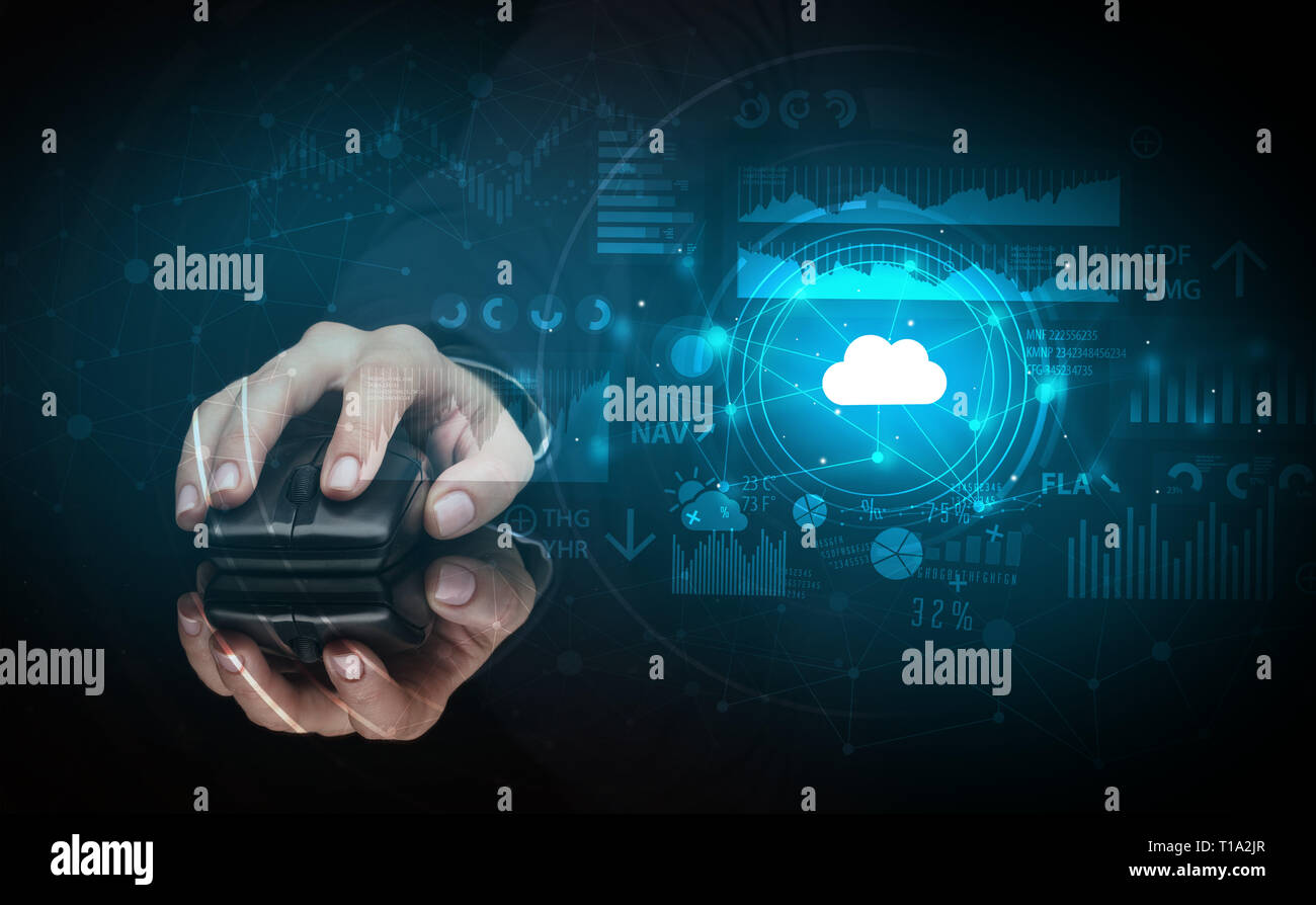Hand using wireless mouse with cloud technology concept and dark ...