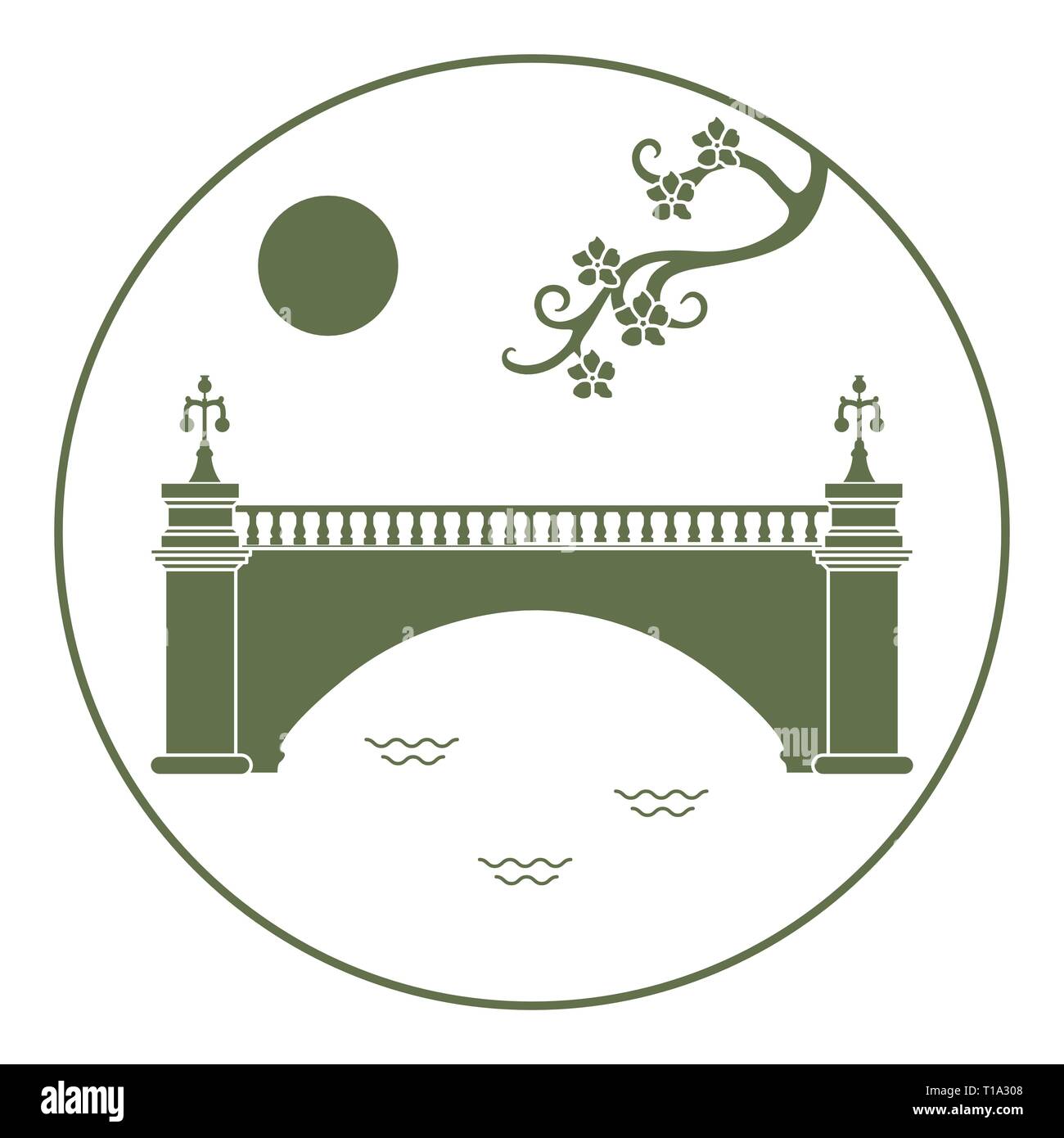 Vector illustration with sakura branch and old bridge. Japan ...